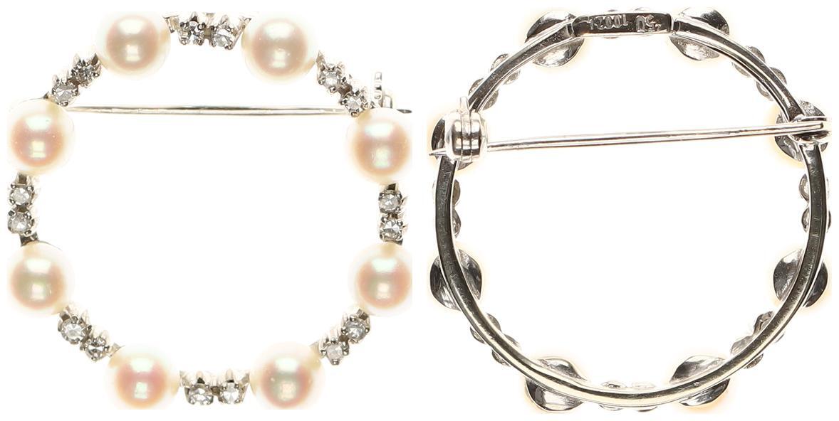 Brosche mit Diamanten und Perlen, 750 Weißgold, 4,6g, 2,5cm groß | MA-Shops