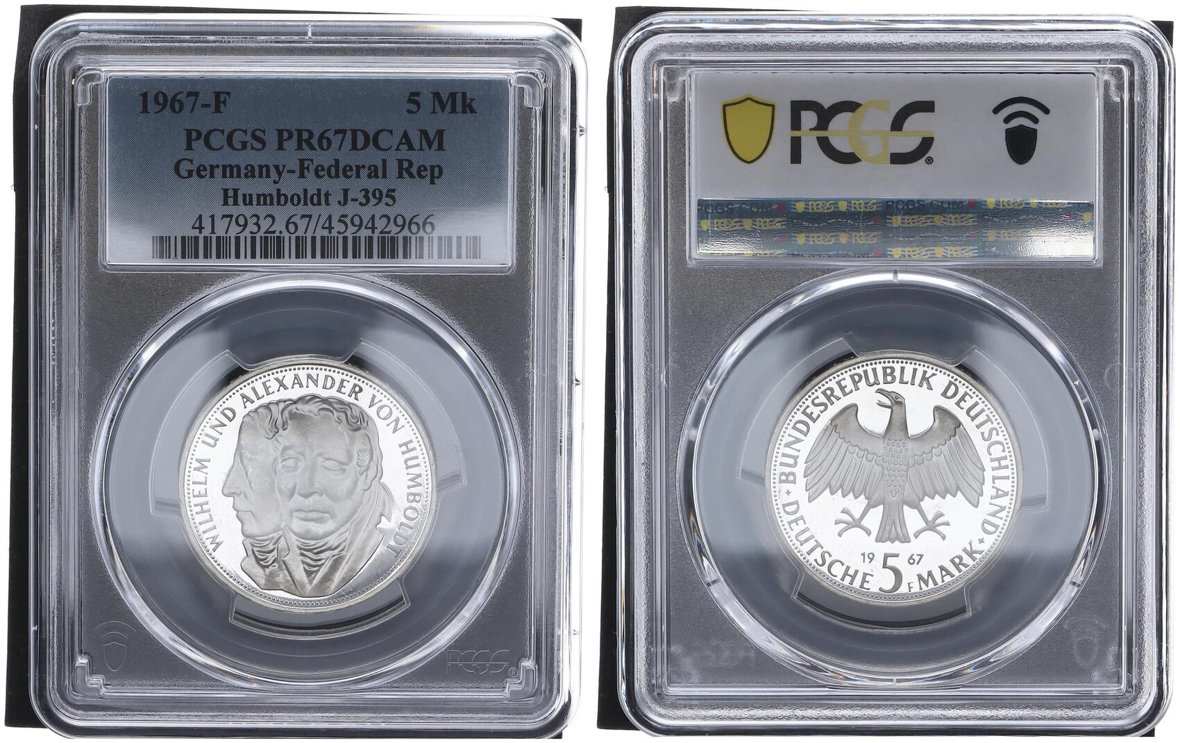 Germany-Federal Rep 1967-F 5 Mark 1967 F Humboldt Gedenkmünze PCGS zertifiziert Polierte Platte ...