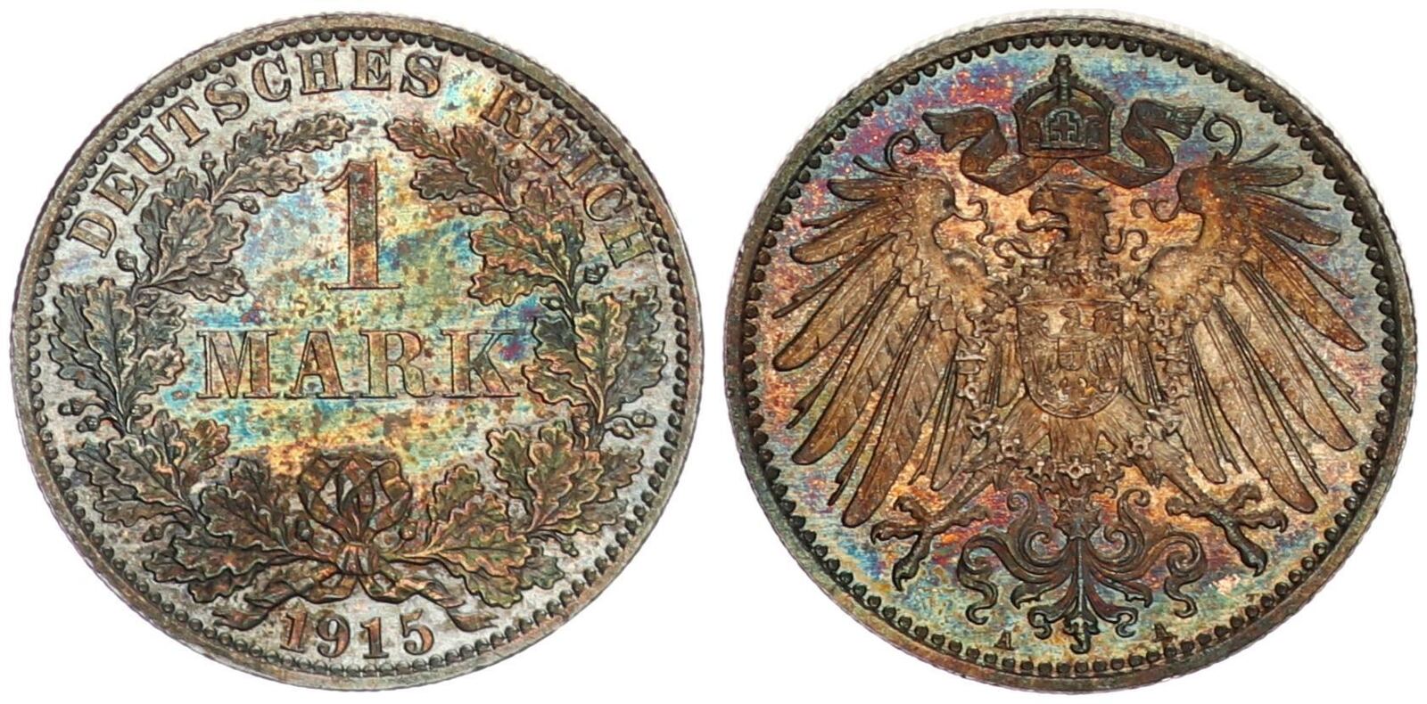 1 Mark Deutsches Kaiserreich 1 Reichsmark 1915 A Stempelglanz, herrliche Patina | MA-Shops