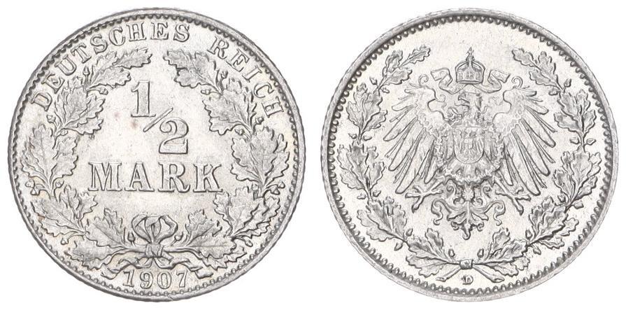 Kaiserreich Deutschland Deutsches Kaiserreich, 1/2 Mark Silber 1907 D * prägefrisch | MA-Shops