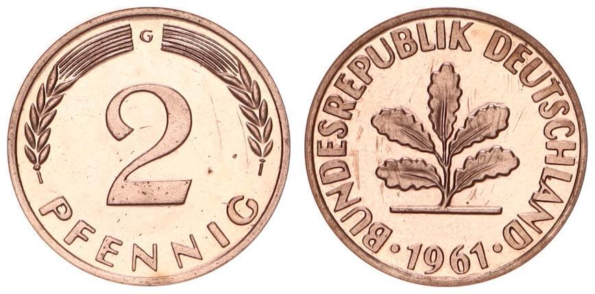 Deutschland 2 Pfennig nur 100 Exemplare 2 Pfennig Kursmünze 1961 G ...