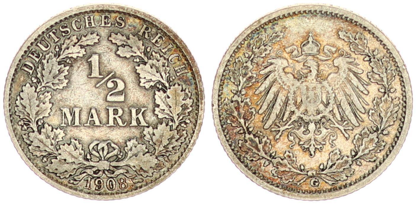 Deutsches Kaiserreich 1/2 Mark 1908 G ss | MA-Shops