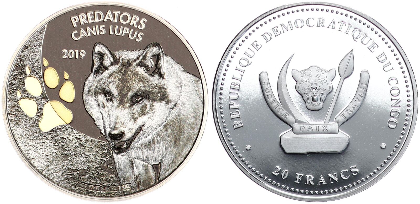 Kongo 20 Francs 2019 Serie Predators - Canis Lupus - Wolf PP in Kapsel ...