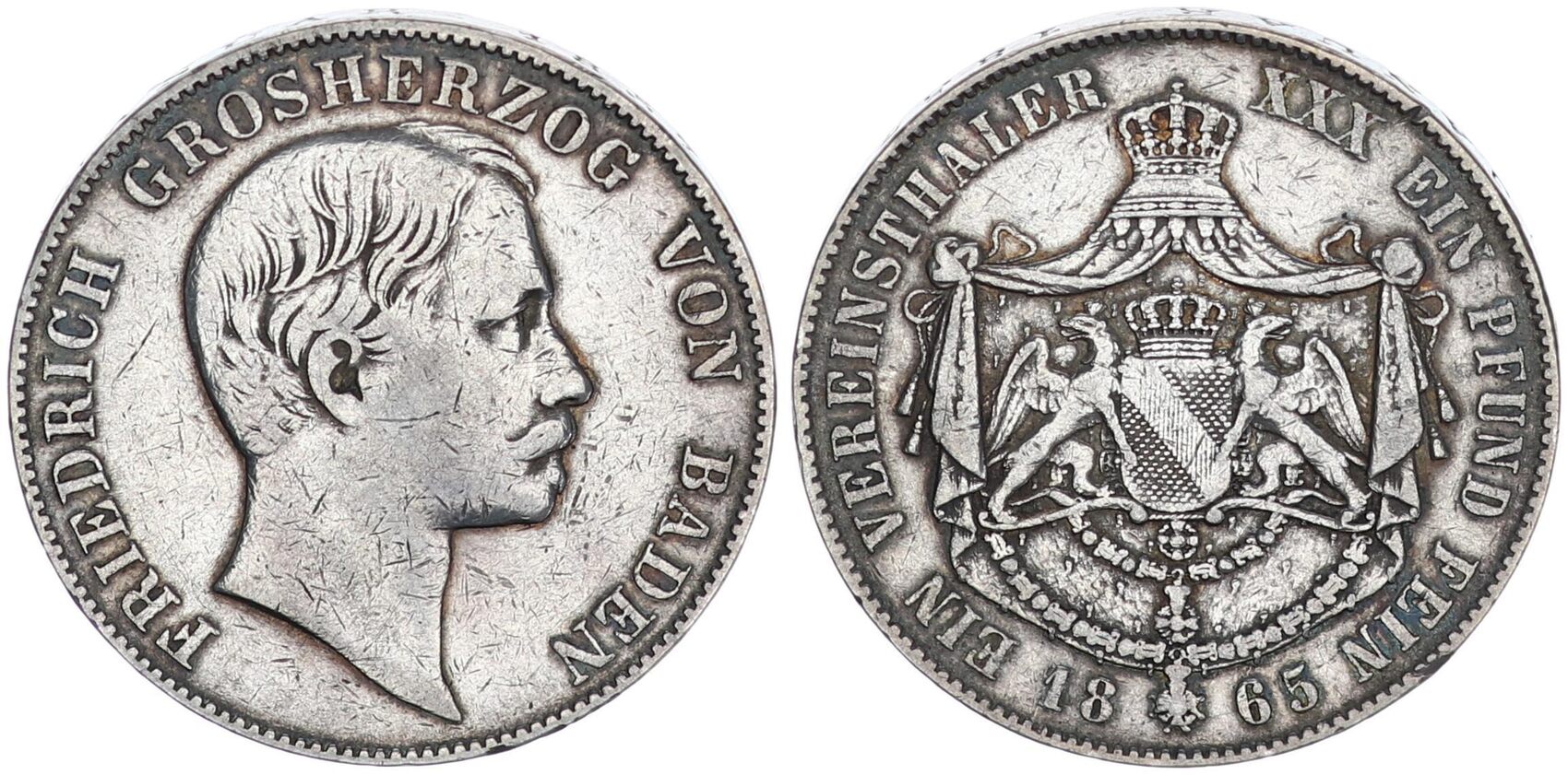 Altdeutschland - Baden 1 Taler 1865 Großherzogtum Baden 1 Vereinsthaler - Großherzog Friedrich I ...