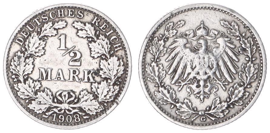 Deutsches Kaiserreich 1/2 Mark 1908 G * ss | MA-Shops