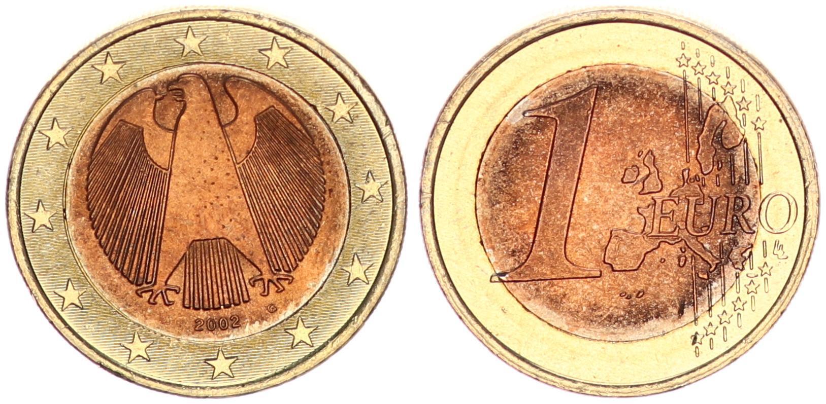 Deutschland BRD 1 Euro Fehlprägung 2002 G mit verkupfertem Innenteil ...