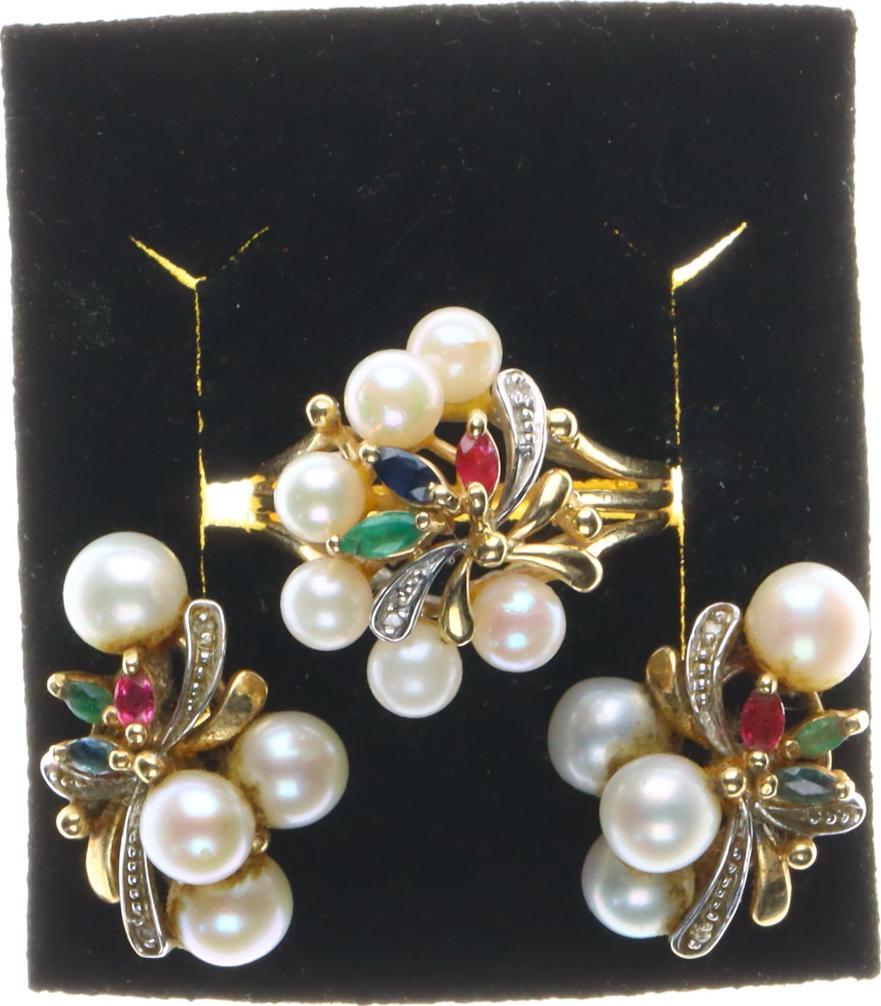 585 Perlen Goldring und Ohrringe Set mit Smaragd, Rubin und Saphir ...