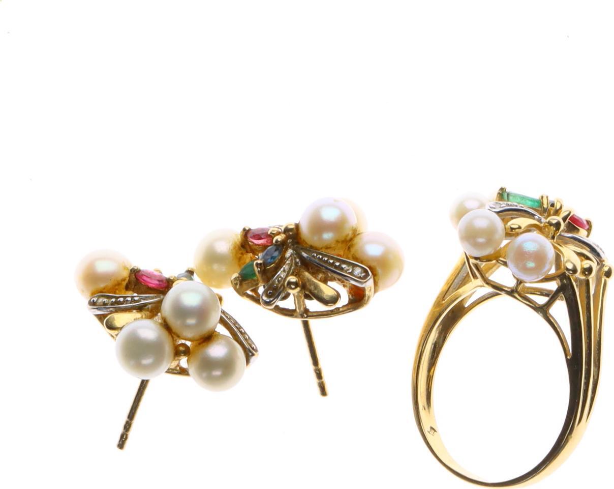 585 Perlen Goldring und Ohrringe Set mit Smaragde, Rubin und Saphir ...