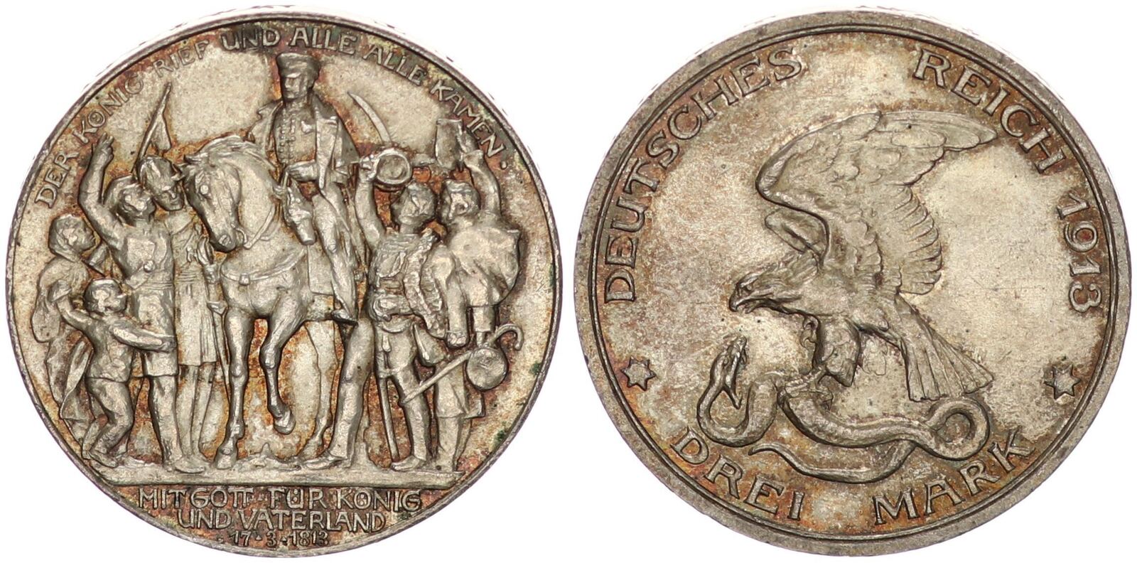 Deutsches Kaiserreich - Preußen 3 Mark 1913 A Der König rief und alle ...