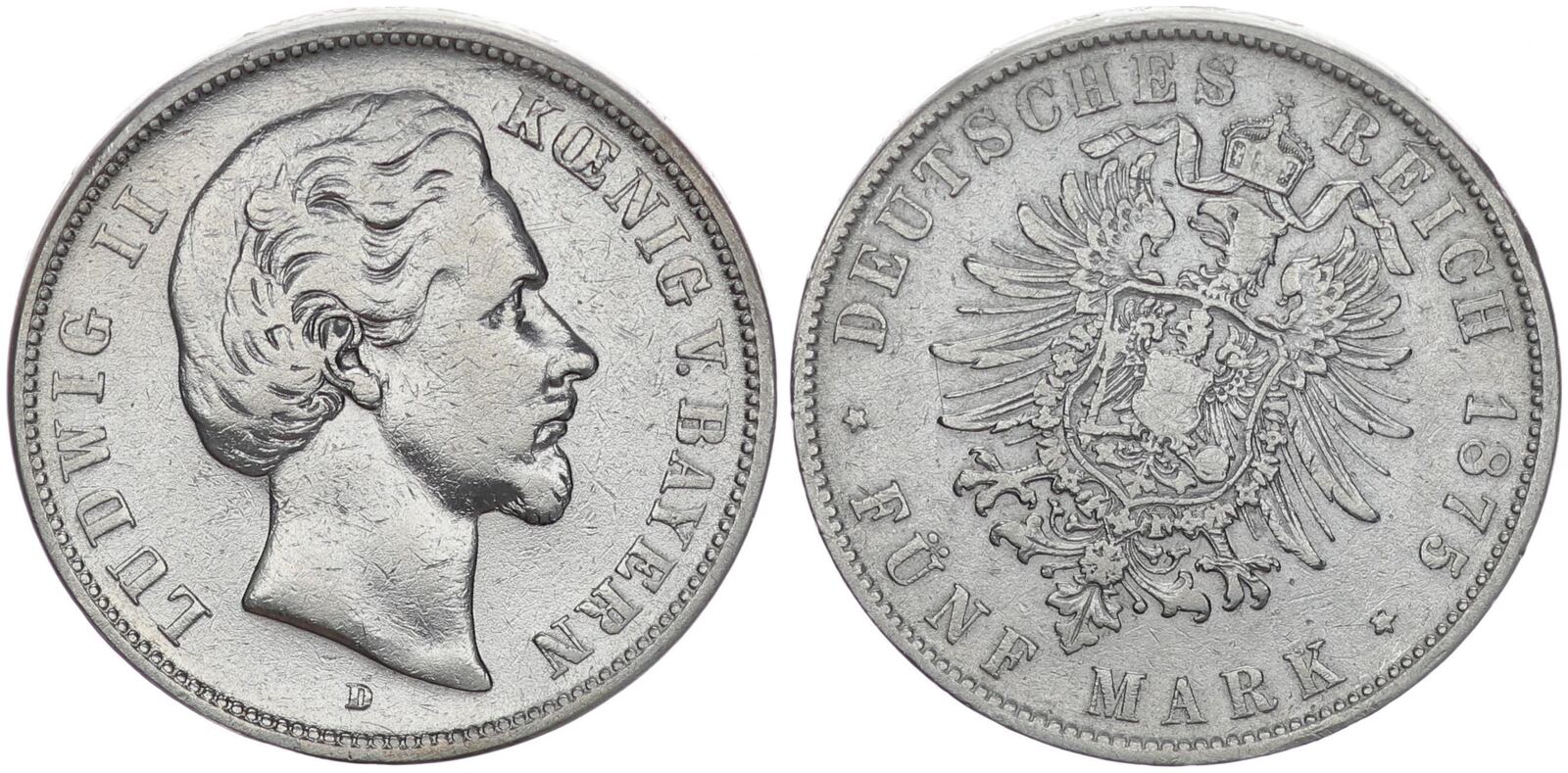 Kaiserreich 5 Mark 1875 D Bayern Ludwig II mit ca 10° Stempeldrehung ...