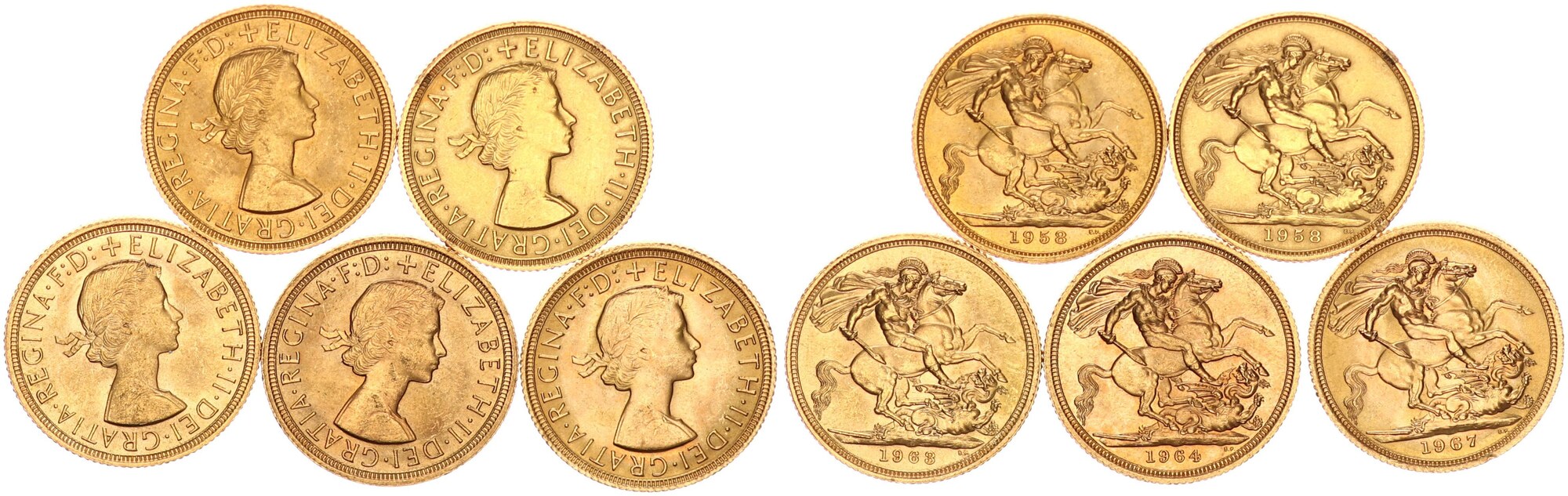 Großbritannien GB 5x 1 Sovereign 1958-1967 Elisabth II. meist ...