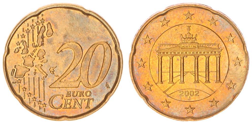 Deutschland 20 Cent 2002 J Fehlprägung: geprägt auf 10 Pfennig Ronde ...