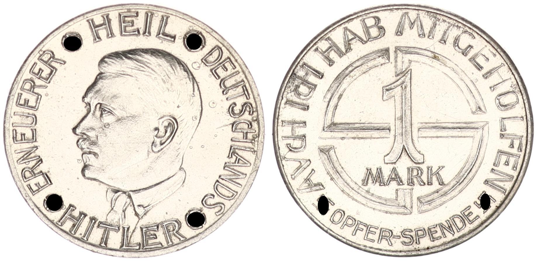 3.Reich Nickelmedaille Hitler 1 Mark Opferspende, 1933 vz-st | MA-Shops