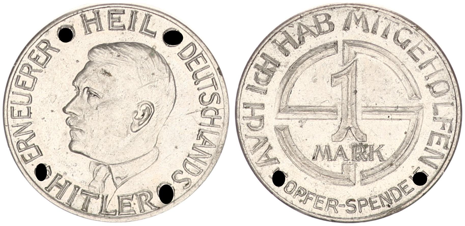 3.Reich Nickelmedaille Hitler 1 Mark Opferspende, 1933 vz-st | MA-Shops
