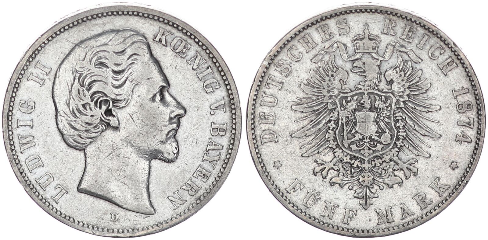 Deutsches Kaiserreich - Bayern 5 Mark 1874 D 5 Reichsmark Ludwig II ss ...