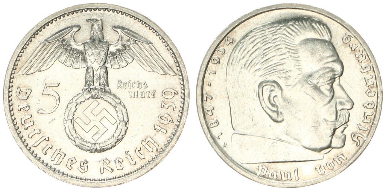 3. Reich 5 Mark Hindenburg 1939 A vz-st/prägefrisch | MA-Shops