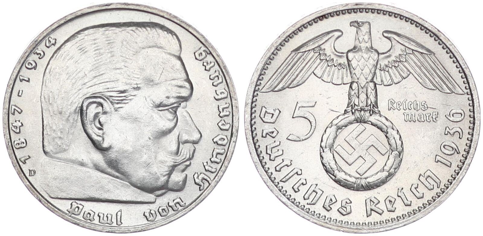 Deutschland - Drittes Reich 5 Mark 1936 D 3. Reich 5 Reichsmark Paul ...
