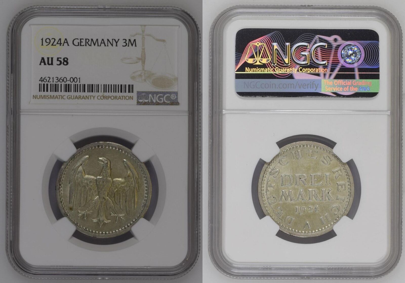GERMANY 1924A Weimar 3 Mark 1924 A NGC AU 58 | MA-Shops