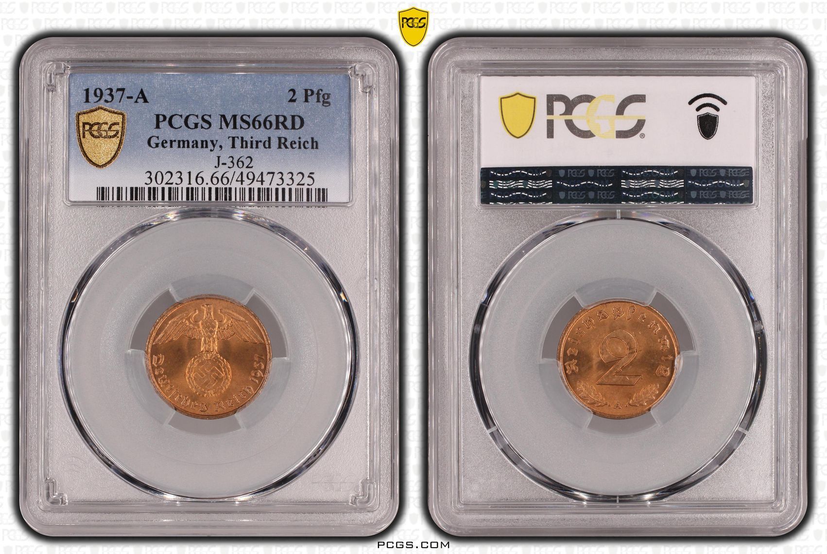 Germany, Third Reich 2 Pfennig 1937 A J-362 MS66RD | MA-Shops