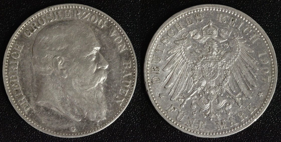 Baden 5 Mark 1907 G Friedrich ss/ leicht rauer Schrötling | MA-Shops