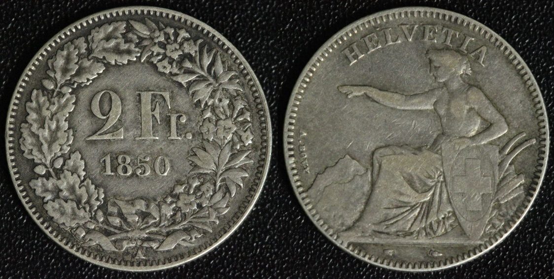 Schweiz - Eidgenossenschaft 2 Franken 1850 A ss/Patina | MA-Shops