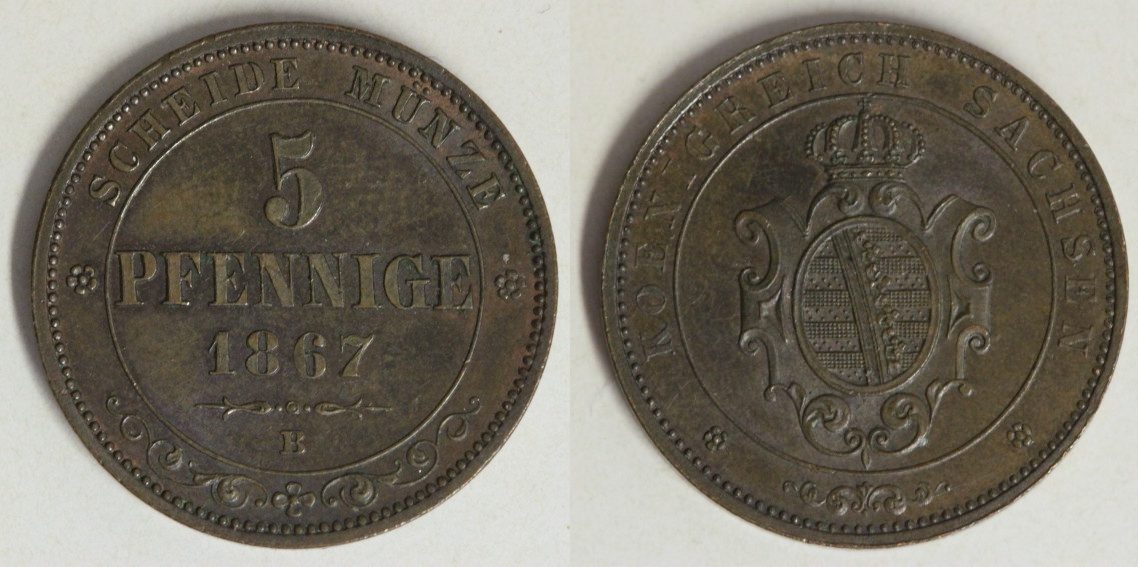 Sachsen 5 Pfennige 1867 B vz+ | MA-Shops
