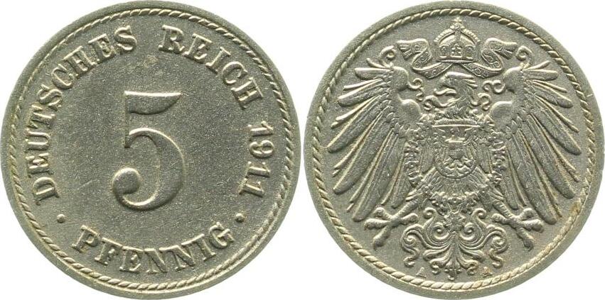 Deutschland 5 Pfennig 1911 A vz J 012 vorzüglich | MA-Shops