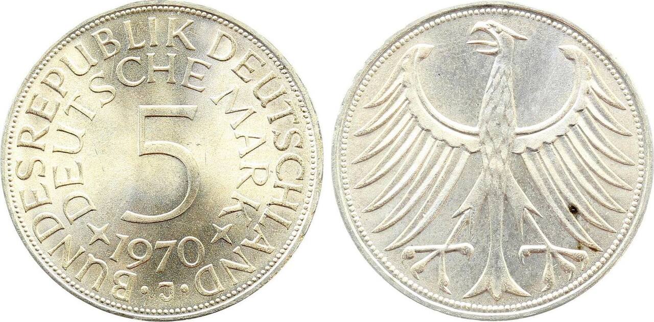 Deutschland 5 DM 5 Deutsche Mark 1970 J stgl/fein J 387 stempelglanz ...