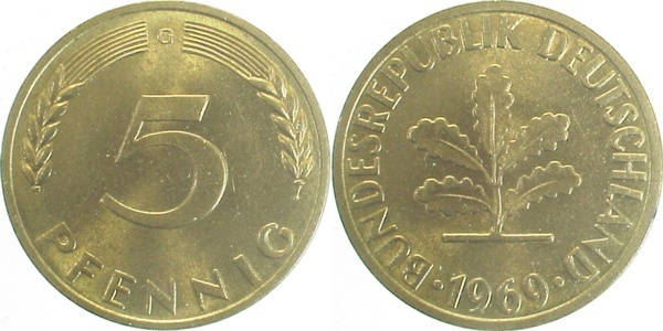 Deutschland 1969G 5 Pfennig 191969 G bfr/stgl J 382 | MA-Shops