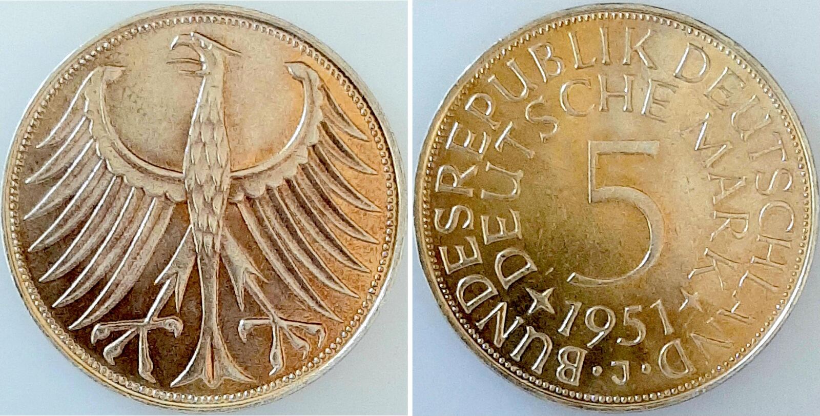 Deutschland 5 Mark 5 Deutsche Mark 1951 J stempelglanz Silberadler 5 DM ...