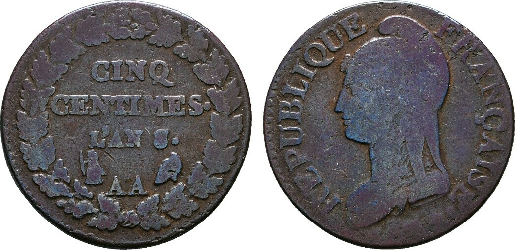 FRANKREICH Ku.-5 Centimes l Žan 8, AA. Consulat, 1799-1804. Schön-Sehr ...