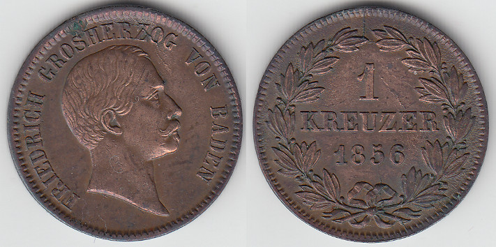 1856 Baden, Großherzog Friedrich, Kursmünze 1 Kreuzer (Scheidemünze) vorzüglich bis stempelglanz ...