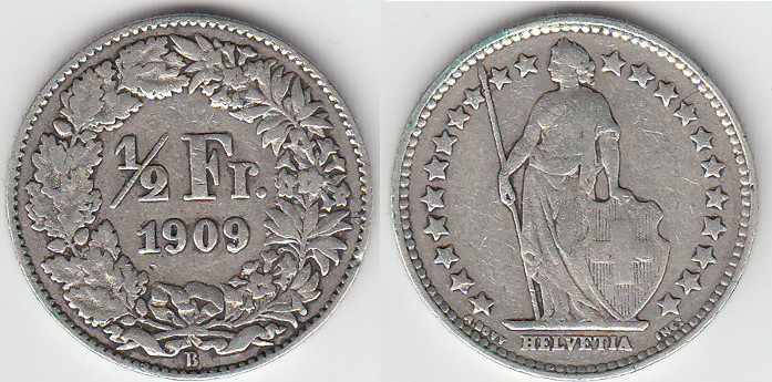 Schweiz, Kursmünze Silber, 1/2 Franken 1909 B, Erhaltung siehe Scan! sehr schön | MA-Shops