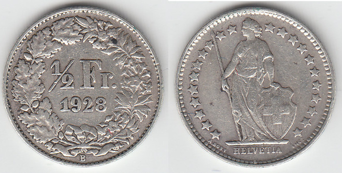 Schweiz, Kursmünze Silber, 1/2 Franken 1928 B, Erhaltung siehe Scan! sehr schön | MA-Shops