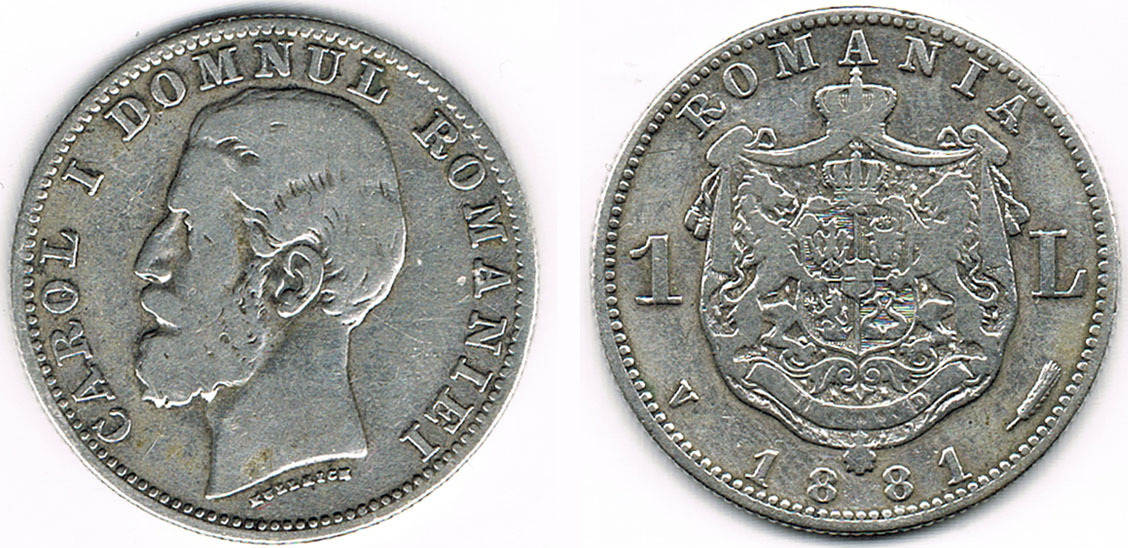 Rumänien 1881 Romania - Kursmünze 1 Leu, Carol I., Erhaltung siehe Scan ...