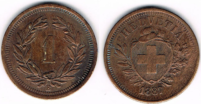Schweiz, Kursmünze 1 Rappen 1887 B, Erhaltung siehe Scan! sehr schön bis vorzüglich | MA-Shops