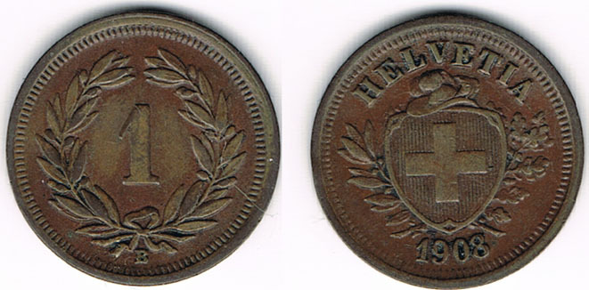 Schweiz, Kursmünze 1 Rappen 1908 B, Erhaltung siehe Scan! fast vorzüglich | MA-Shops