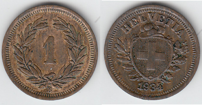 Schweiz, Kursmünze 1 Rappen 1934 B, Erhaltung siehe Scan! vorzüglich bis stempelglanz | MA-Shops