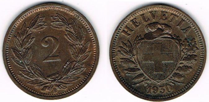 Schweiz, Kursmünze 2 Rappen 1930 B, Erhaltung siehe Scan! vorzüglich | MA-Shops