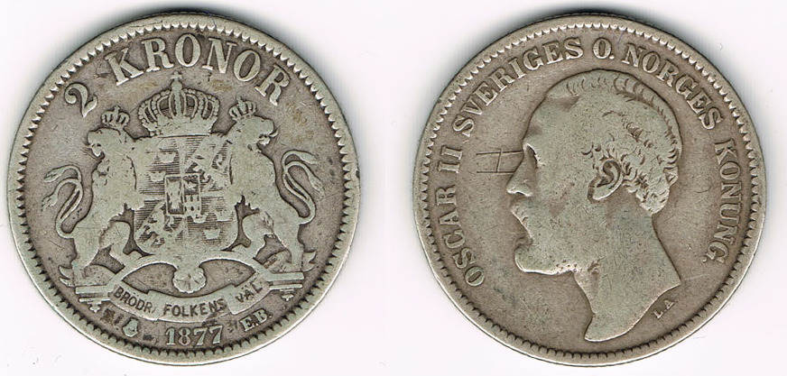2 Kronor Schweden 1877, 2 Kronen, Oskar II., Erhaltung siehe Scan ...