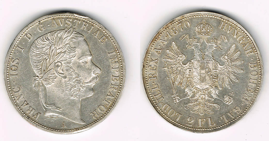 Österreich 2 Florin (2 Gulden) Franz Joseph I., Doppelgulden 1870 A, Erhaltung siehe Scan! sehr ...