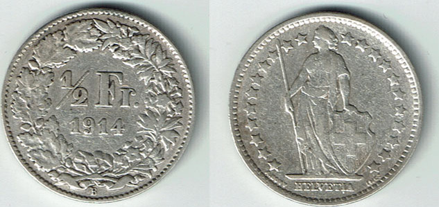 Schweiz, Kursmünze Silber, 1/2 Franken 1914 B, Erhaltung siehe Scan! sehr schön | MA-Shops