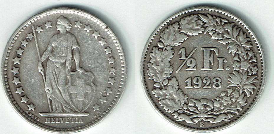 Schweiz, Kursmünze Silber, 1/2 Franken 1928 B, Erhaltung siehe Scan! sehr schön | MA-Shops