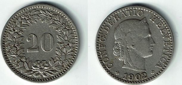 Schweiz, Kursmünze 20 Rappen 1902 B, Erhaltung siehe Scan! sehr schön | MA-Shops