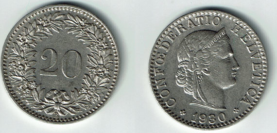 Schweiz, Kursmünze 20 Rappen 1930 B, Erhaltung siehe Scan! sehr schön | MA-Shops