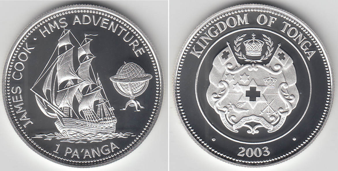 Tonga 1 Pa'anga 2003 Silbergedenkmünze "James Cook - HMS Adventure", PP ...