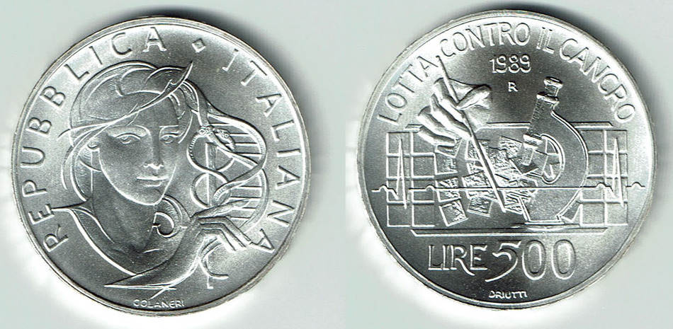 1989 Italien, Silber, 500 Lire, Krebsforschung - Kampf gegen den Krebs Stempelglanz | MA-Shops