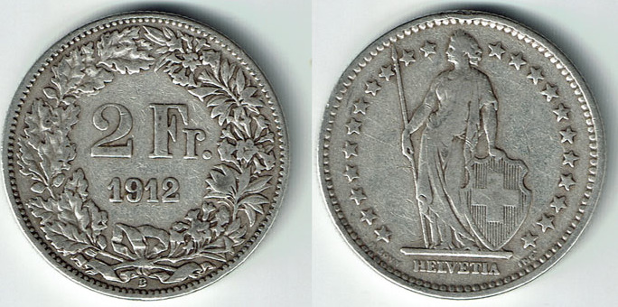 Schweiz, Kursmünze Silber, 2 Franken 1912 B, Erhaltung siehe Scan! sehr schön, kl. Randfehler ...