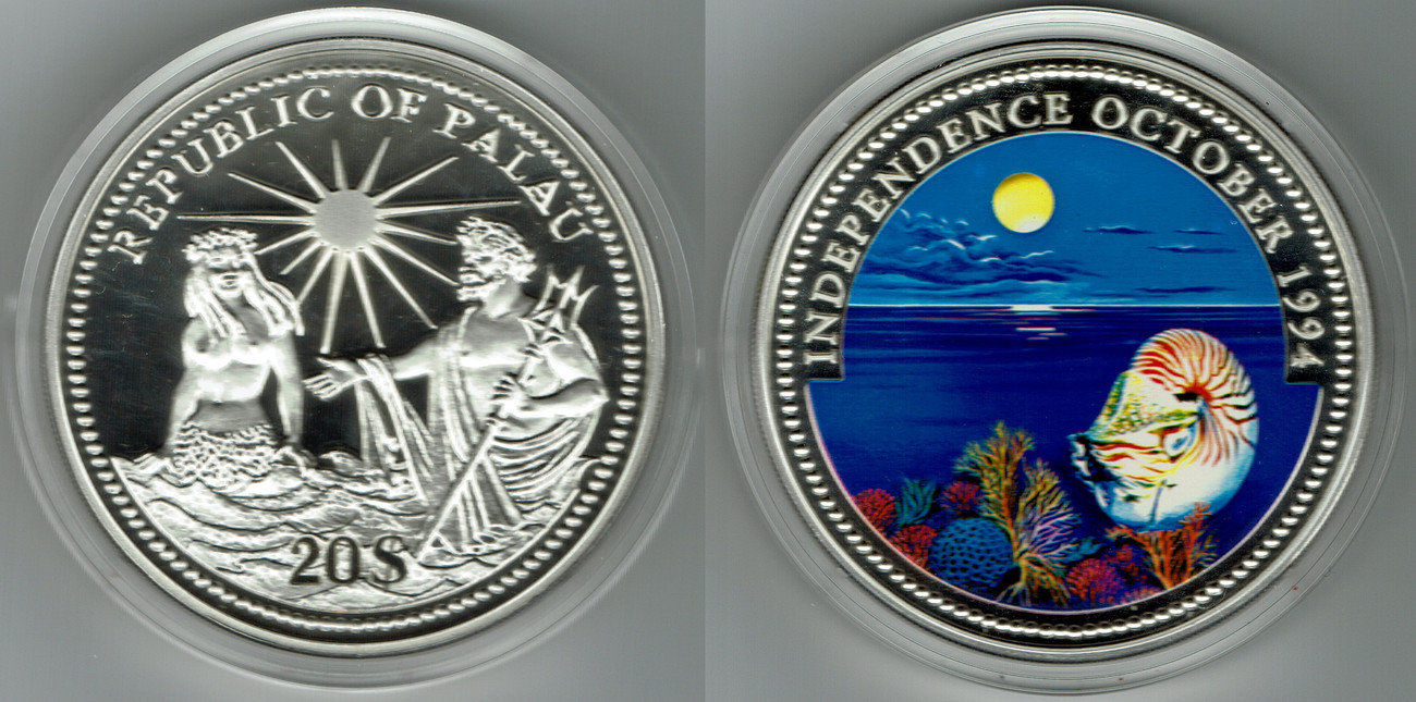 20 Dollars Palau-Inseln, Zur Unabhängigkeit im Oktober 1994, teilcoloriert, siehe Scan Polierte ...
