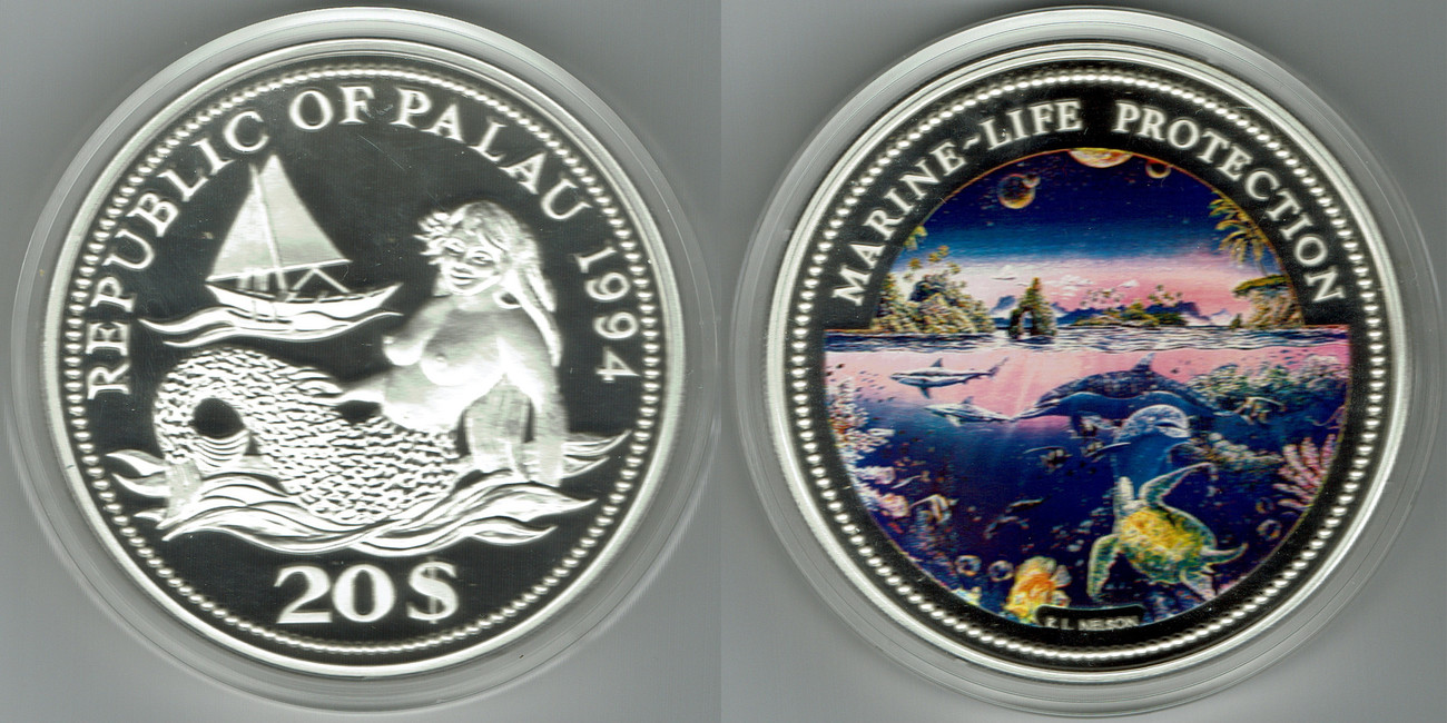 20 Dollars 1994 Palau-Inseln, Marine Life Protection - Meerestiere, teilcoloriert, siehe Scan ...